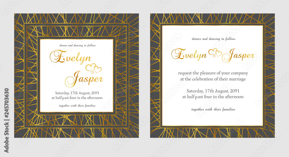 Vector set of wedding invitations. On a dark black gray background with ...