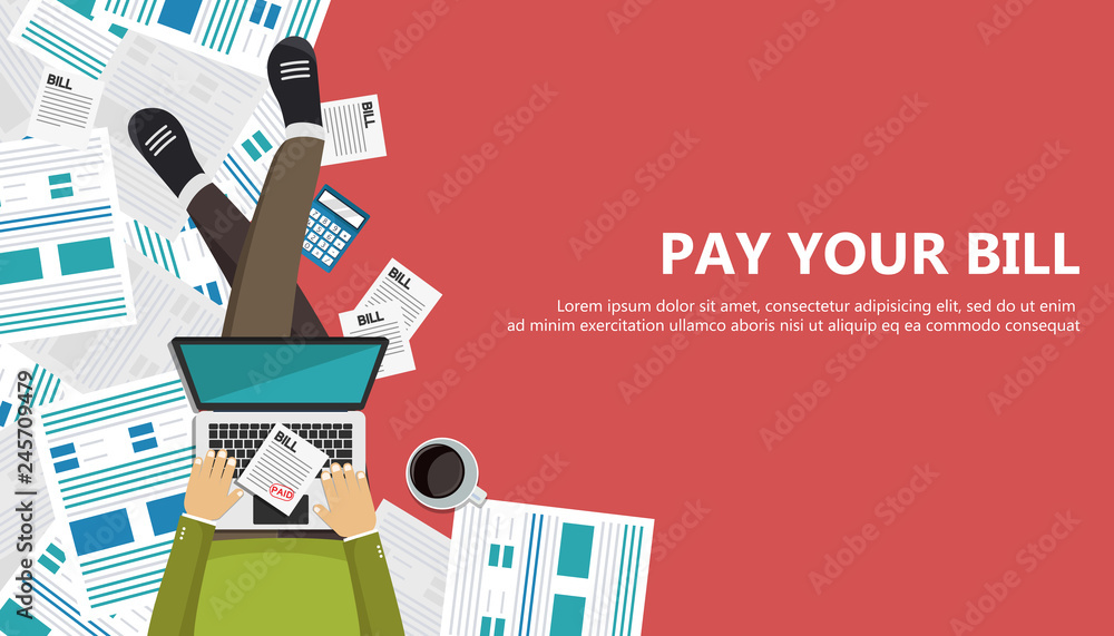 Bill payment design in flat style. Paying bills concept. Man sitting on ...