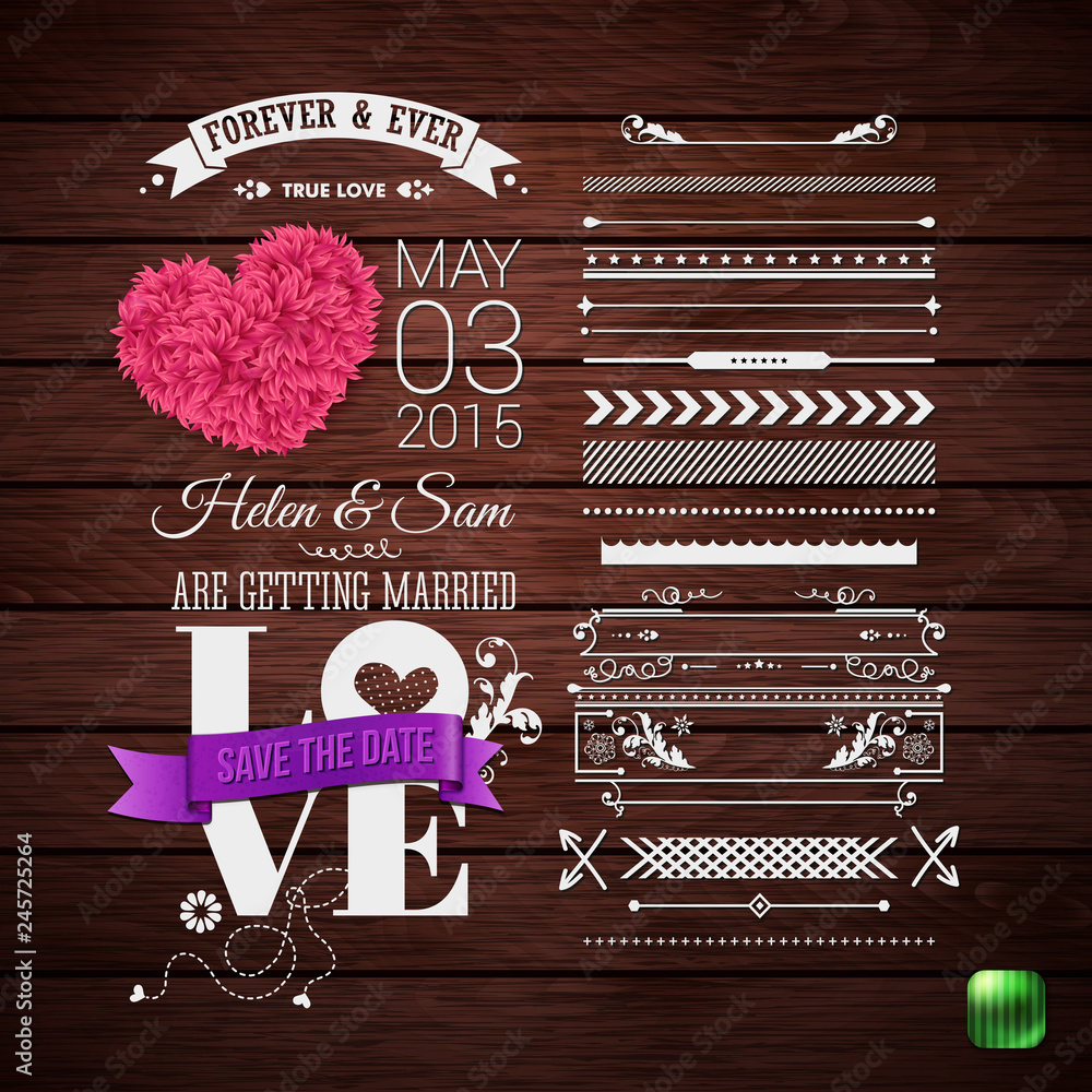 Rustic wedding invitation. Typography design, Set of Border Patterns ...