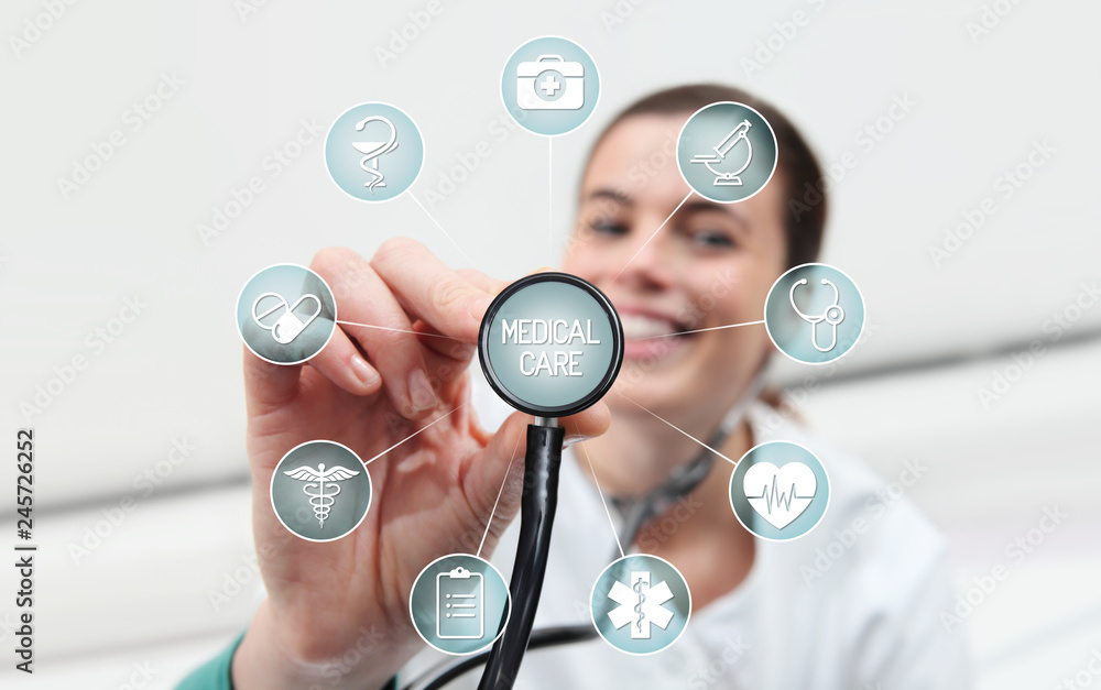 smiling woman doctor with stethoscope touch medical symbols icons ...