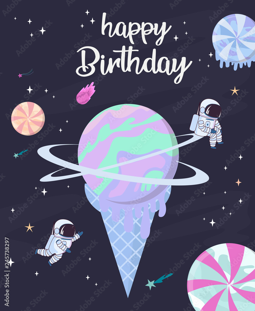 Sweet space cartoon poster with fantasy chocolate cookie, candy, donut ...