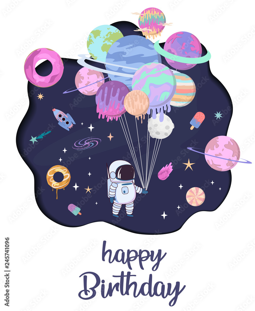 Sweet space cartoon poster with fantasy chocolate cookie, candy, donut ...