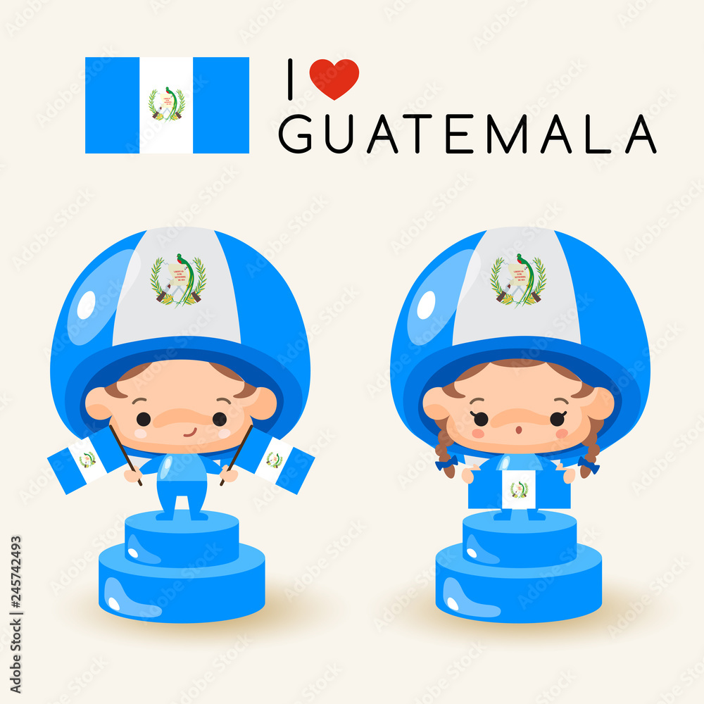 Boy and girl wearing national hat and holding national flags ...