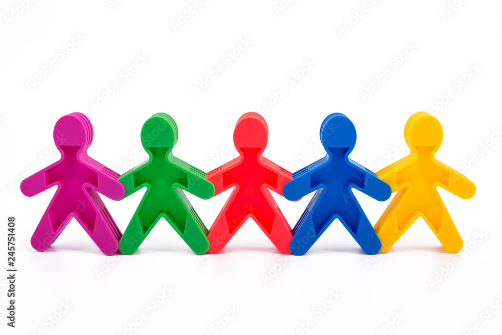 Five figures of men are holding hands. Multicolored on a white ...