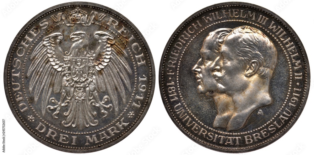 Germany German silver coin 3 three mark 1911, subject Foundation of ...
