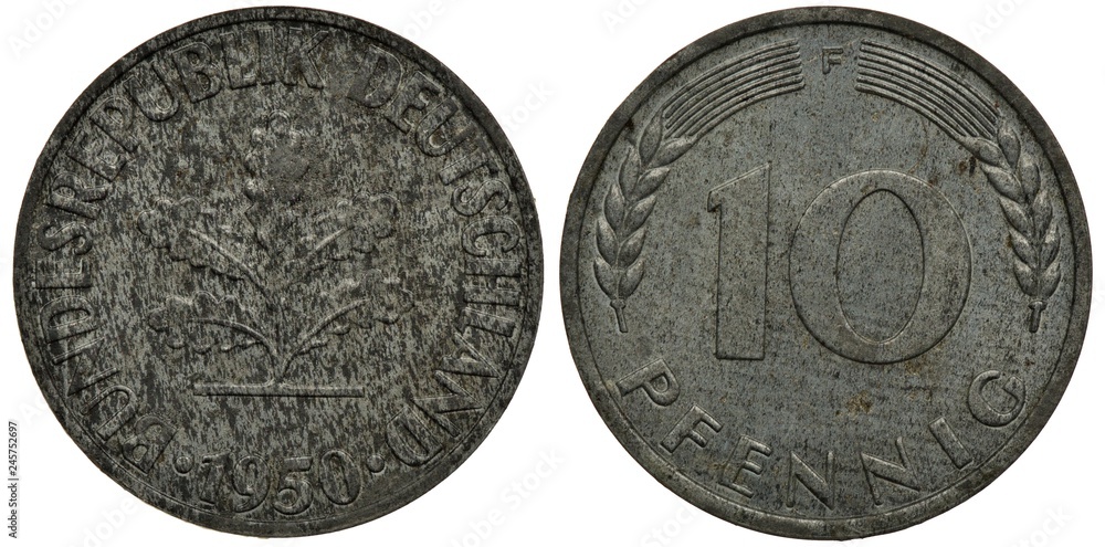 Germany German rare zinc coin 10 pfennig 1950, trial or test issue, oak ...