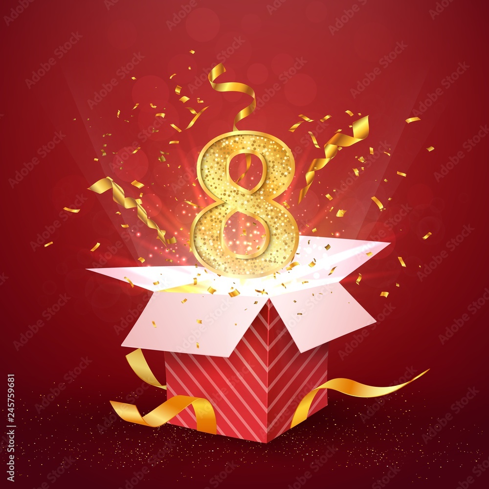 8 th year number anniversary and open gift box with explosions confetti ...