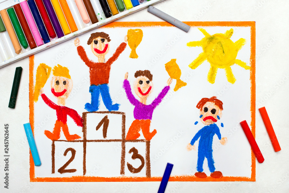 Colorful drawing: happy children standing on the winner podium and one ...