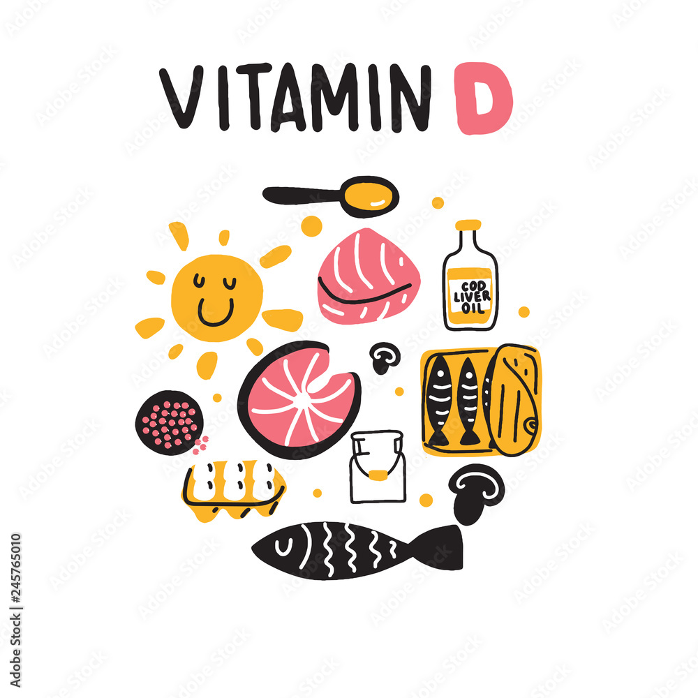Vitamin D sources. Hand drawn circle illustration of different food ...