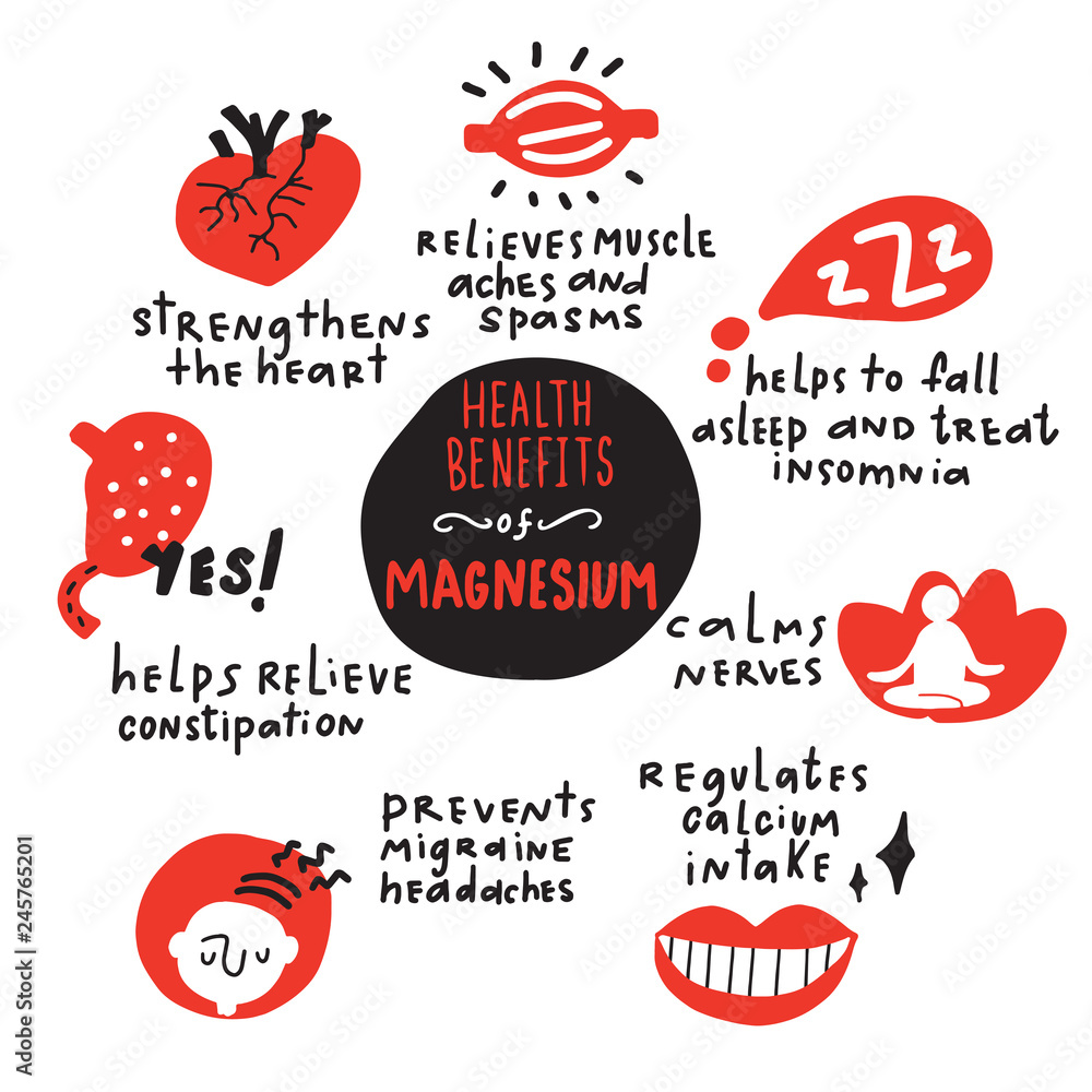 Magnesium health benefits. Funny hand drawn infographic poster. Made in ...