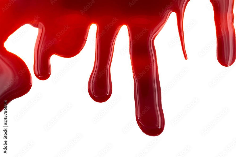 Dripping blood isolated on white background. Flowing red blood splashes ...