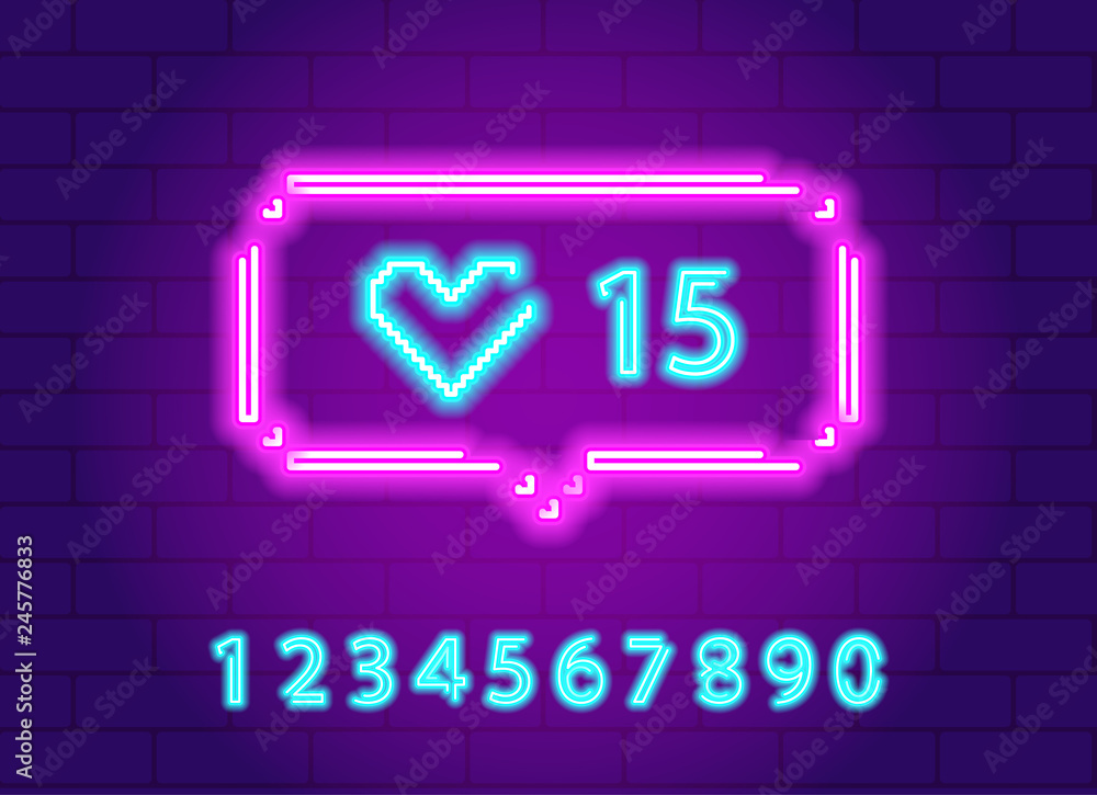 Vector neon light pink bubble with like sign and numbers. 0-9 digits ...