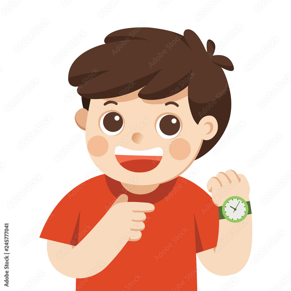Happy boy showing wrist watch. Shows a time. Little boy pointing at his ...