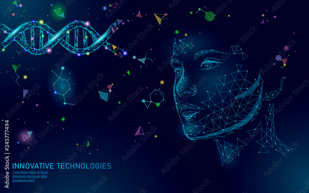 DNA molecule treatment cosmetic essence 3D. Low poly female face ...