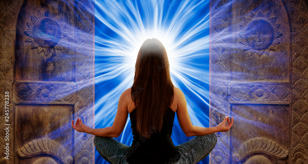 Woman with yoga pose in buddhist temple Stock Photo | Adobe Stock