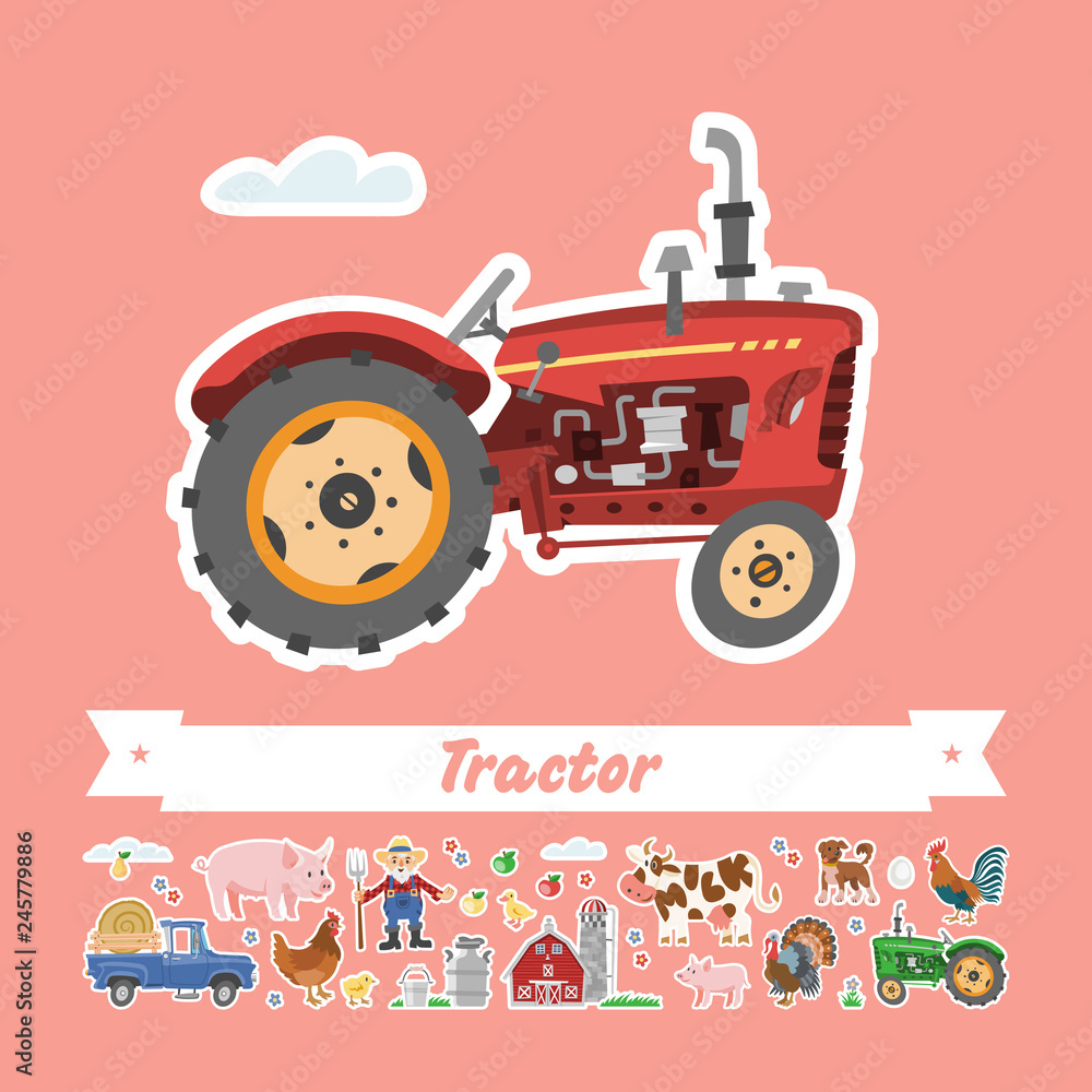 Cartoon retro tractor vector flat illustration. Funny isolated cute ...