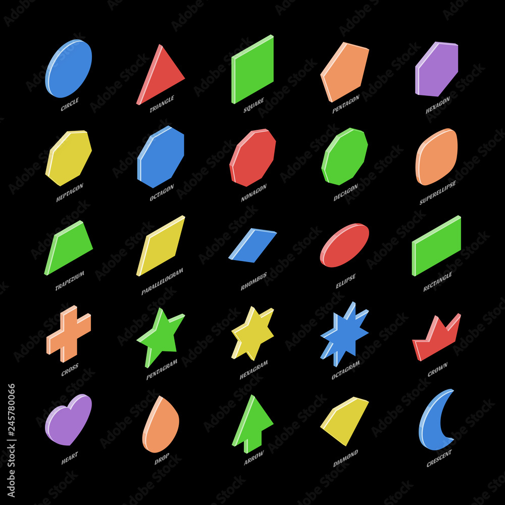 Basic kids flat figures school 3d collection. Isometric vector set ...