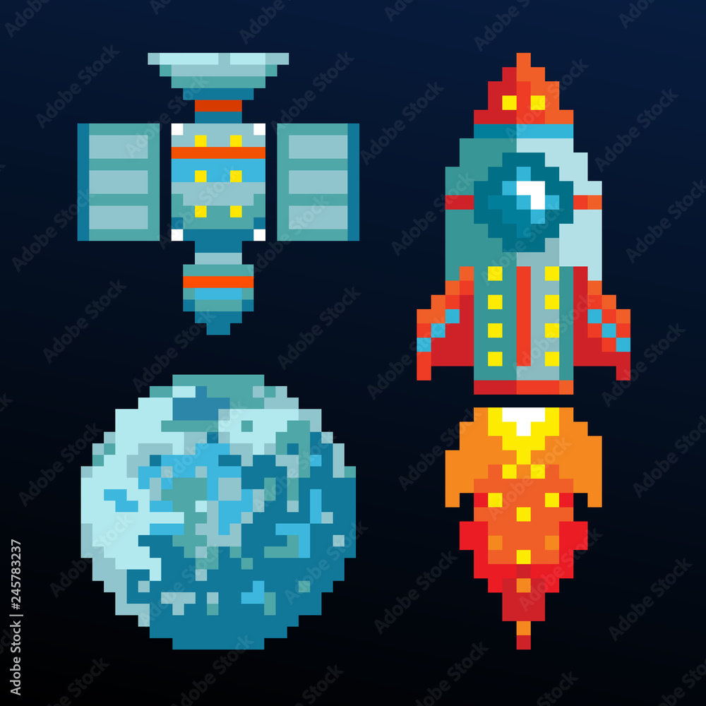 Vetor de Pixel art computer space game objects. Video game 8-bit pixel ... Vetor de Pixel art computer space game objects. Video game 8-bit pixel ...