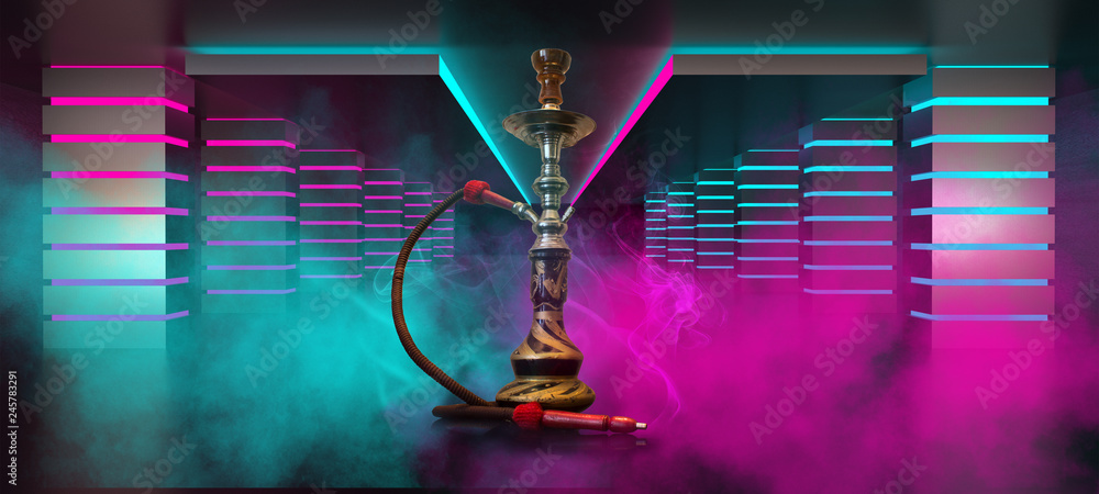 Hookah smoking on the background of an empty dark room, a corridor with ...