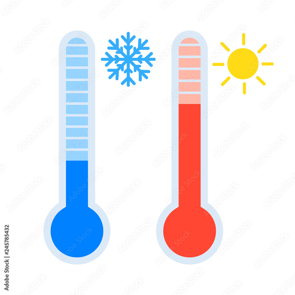 Thermometer icon set measuring heat and cold temperature, with sun and ...