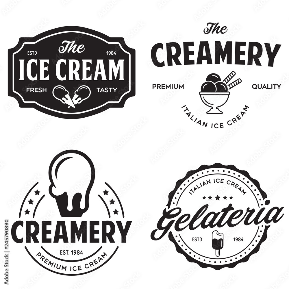 Set of vintage ice cream shop logo badges and labels, gelateria signs. Retro logotypes for ...