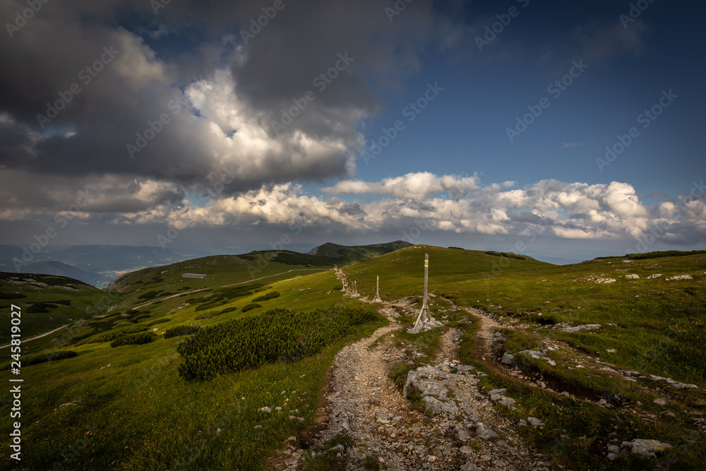 Rocky path and grassy rax plateau on hike Dambocksteig from Schneeberg ...