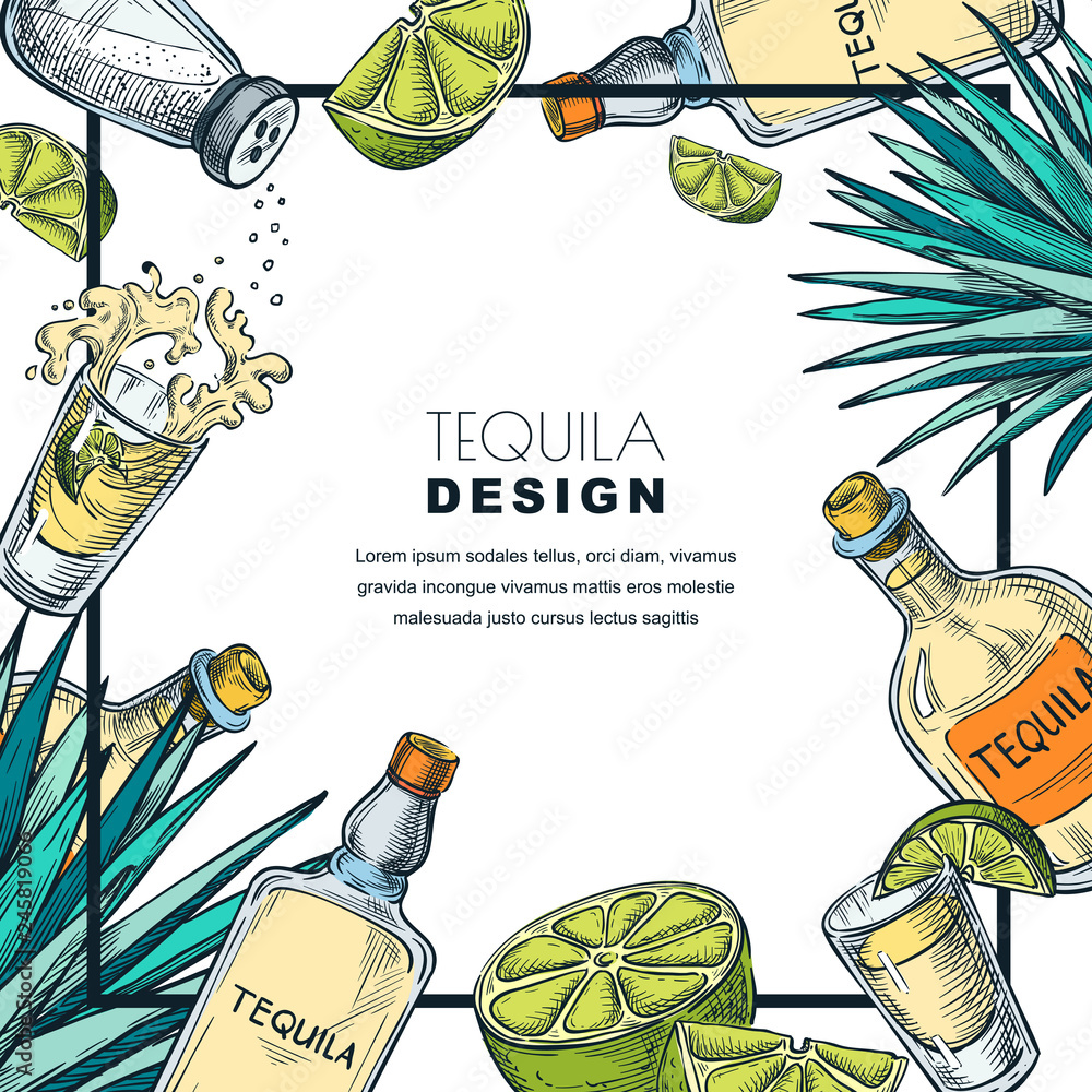 Tequila label design template. Sketch vector illustration. Bar menu ...