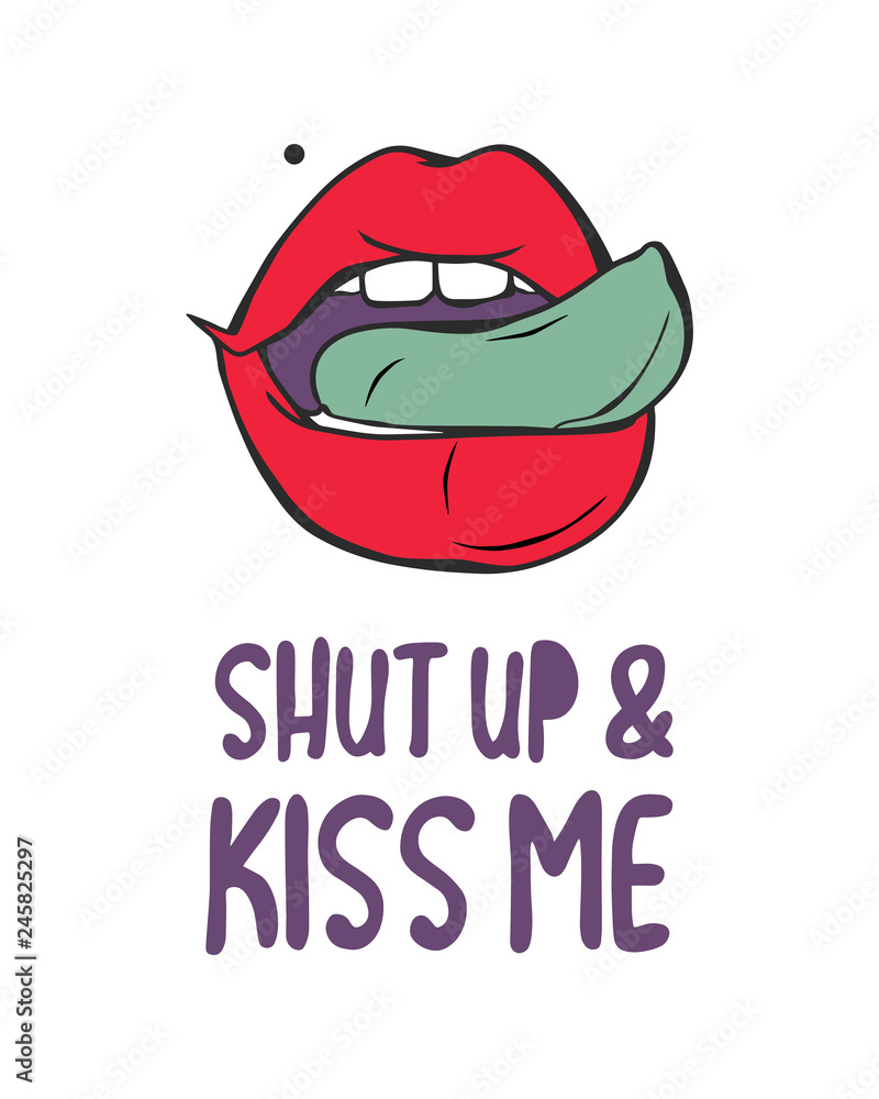 Pop art illustration of opened mouth. Red lips, white teeth, green ...