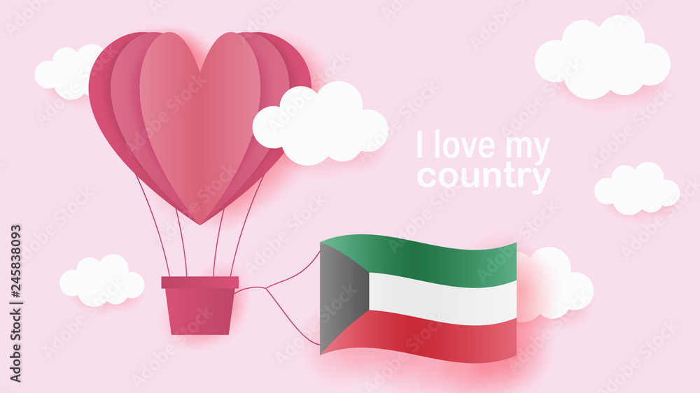 Hot air balloons in shape of heart flying in clouds with national flag ...