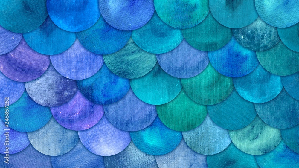 Mermaid Scales Watercolor Fish squame background. Bright summer blue ...