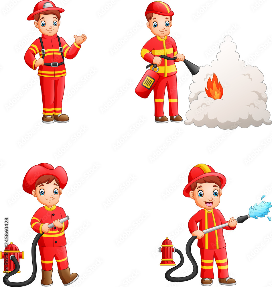 Cartoon firefighters collection with different action poses Stock ...