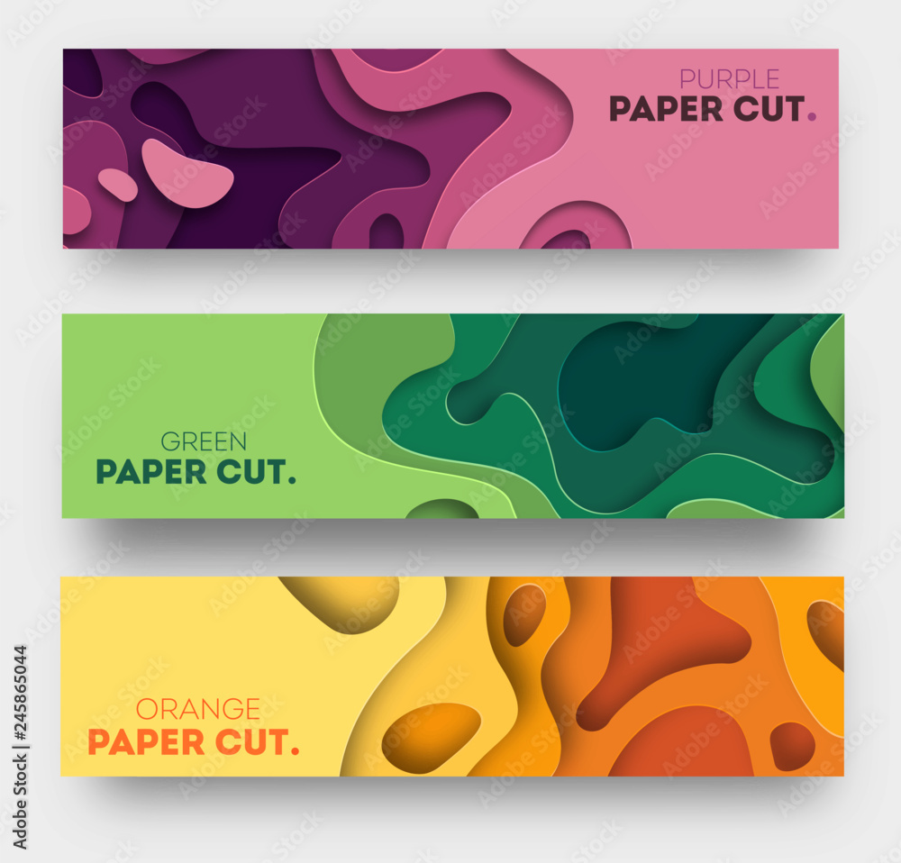 Horizontal banners with 3D abstract background, white paper cut shapes ...