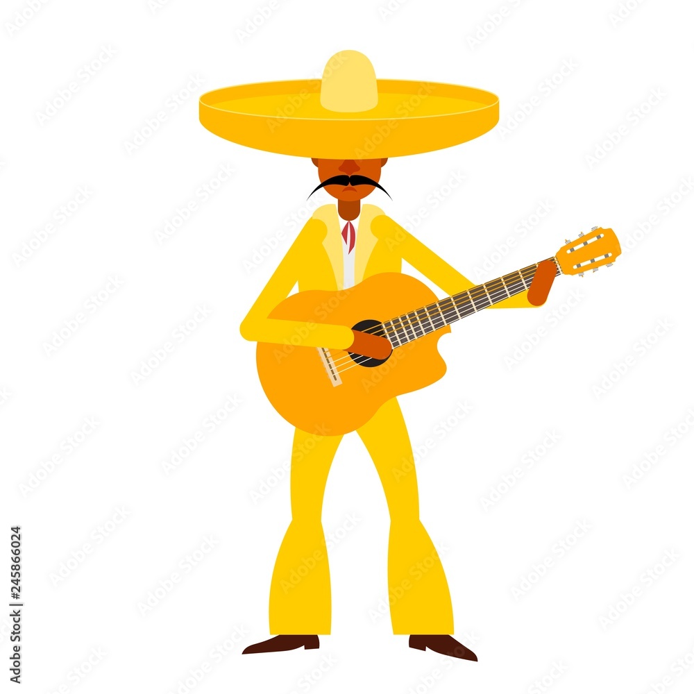 Mexican With A Guitar Mexican Singer In A Yellow Classic Sombrero And mexican-with-a-guitar-mexican-singer-in-a-yellow-classic-sombrero-and