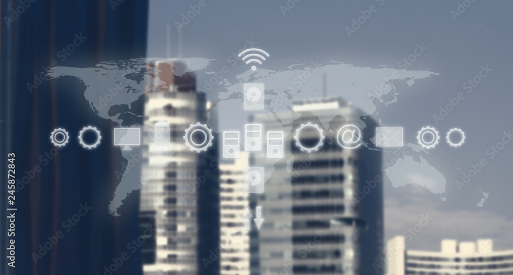 High Tech Global Business Model. Smart City And World Map With Services ...