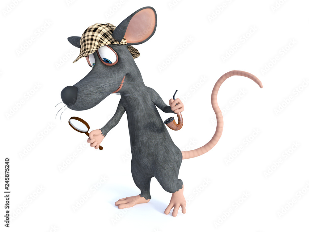 3D rendering of a smiling cartoon detective mouse holding magnifying ...