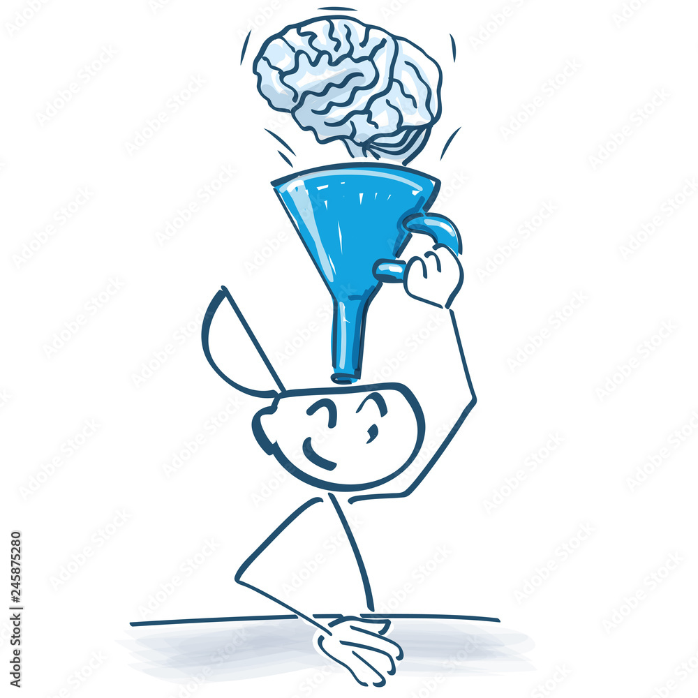 Strichmännchen trichtert sich mit einem Trichter Wissen mit einem ...