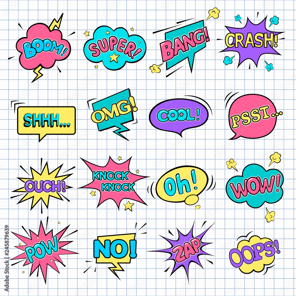 Comic speech bubbles. WOW. Super. Psst. OMG! OOPS! COOL! BOOM! CRASH! POW! ZAP! Oh! OUCH!NO!BANG ...