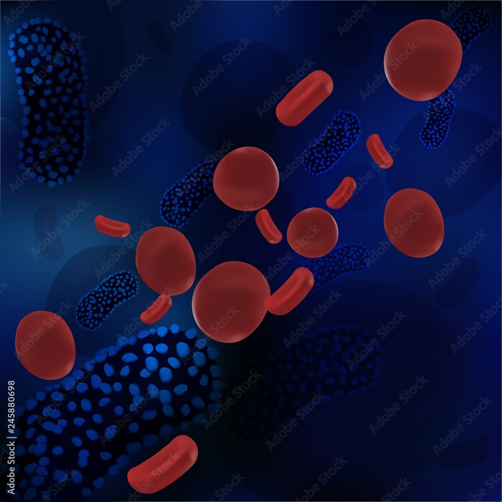Realistic red blood cells with a virus under the microscope. Bacteria ...