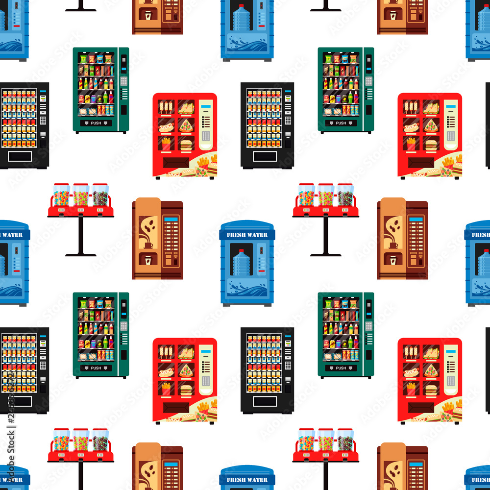 Seamless pattern vending machines full of products, dispensers ...