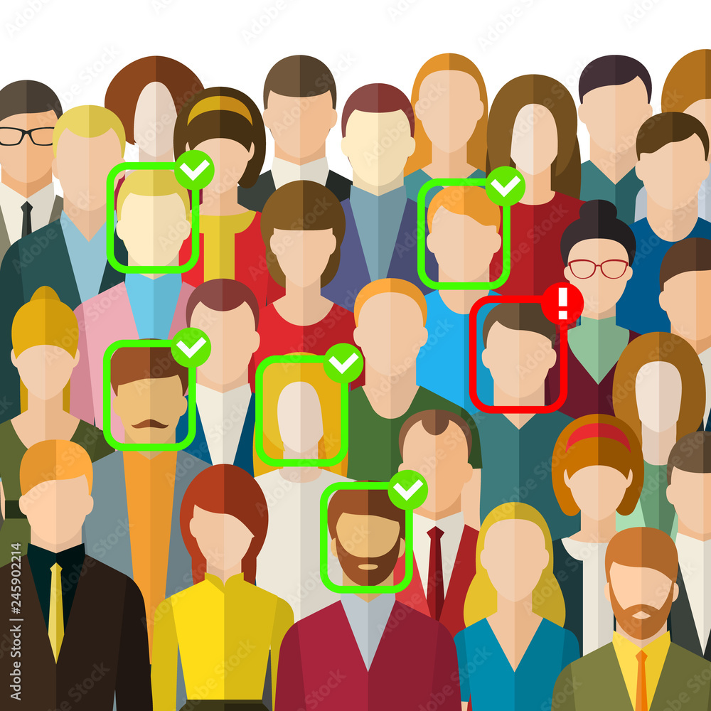 Concept of face identification. A crowd of people with ID marks on face ...
