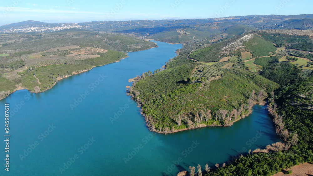 Aerial drone photo of famous lake and dam of Marathon or Marathonas ...