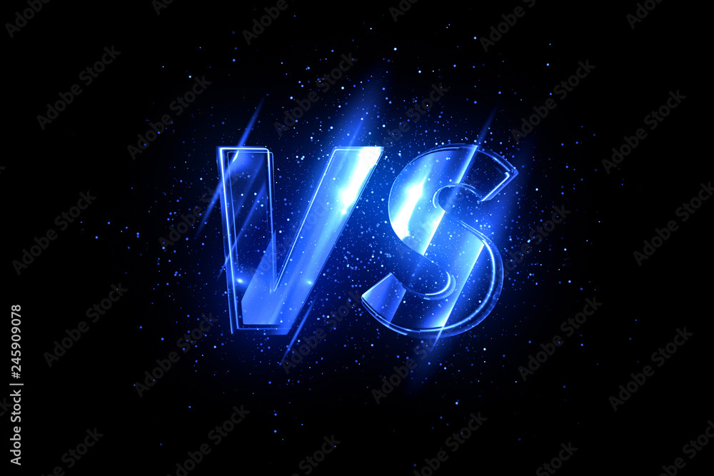 Glowing versus logo on black background. Illuminated comparison symbol ...