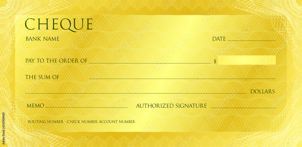 Luxury yellow gold cheque template with vintage guilloche. Check with ...