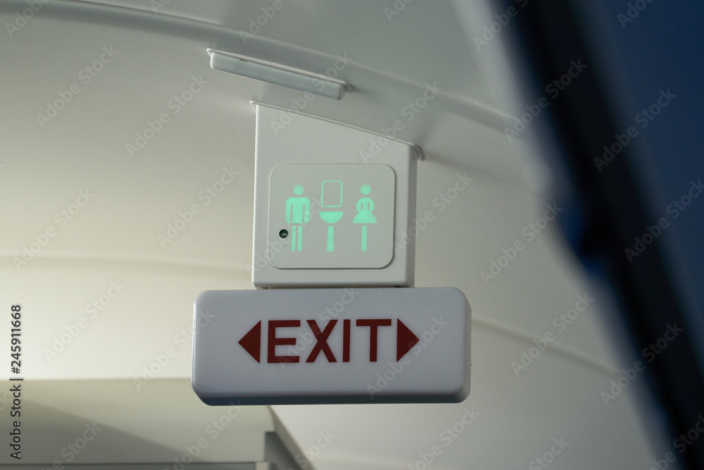 Exit seat belt and toilet sign on a flight. Stock Photo | Adobe Stock
