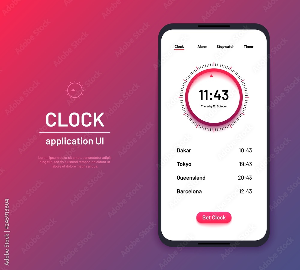 Clock ui. Time countdown interface kit. Modern clock screen phone ...