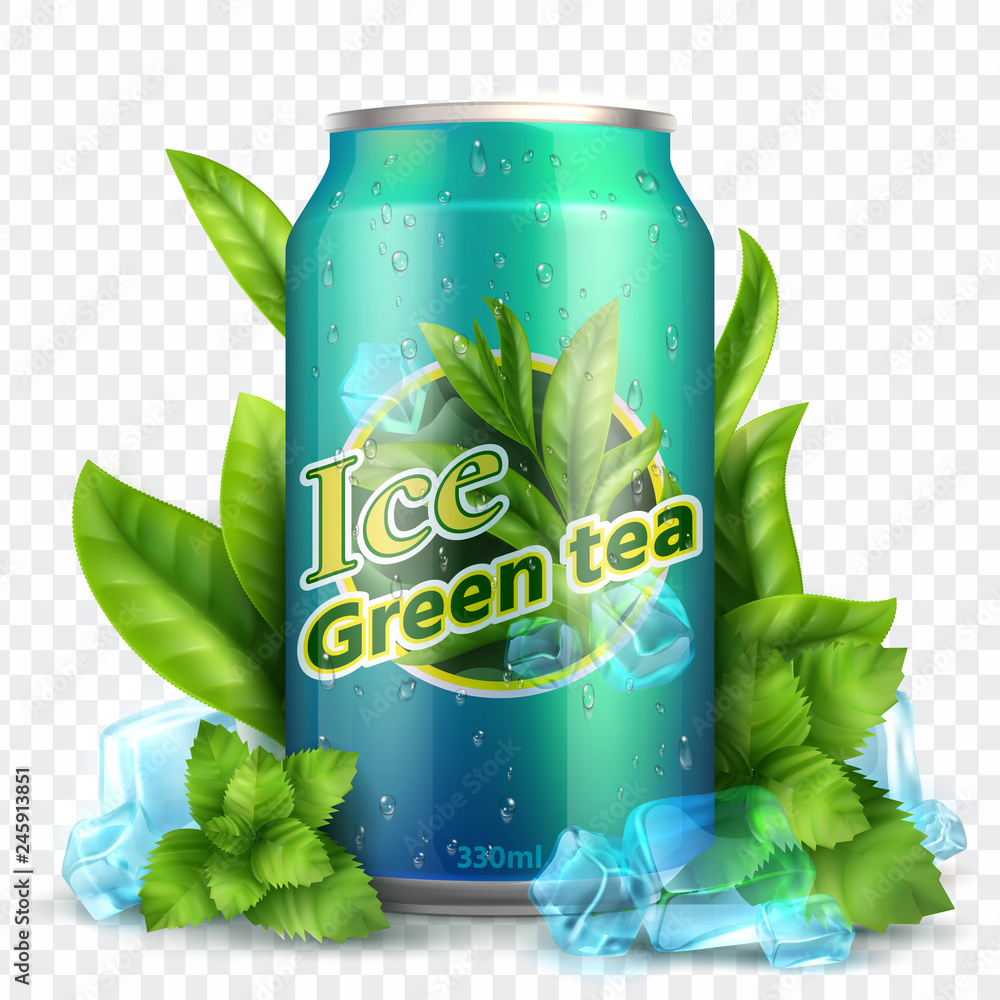 Ice tea background. Realistic can with tea leaves and ice. Product ...