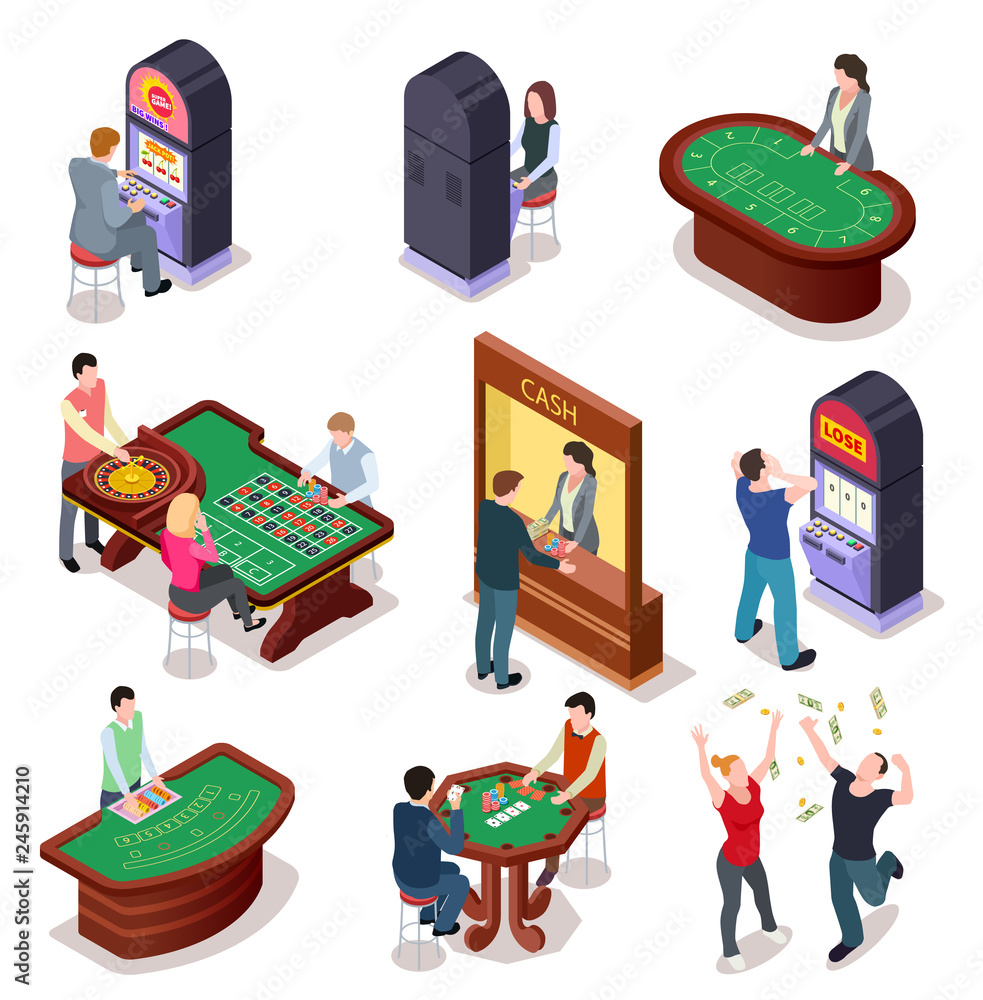 Casino isometric. Poker roulette table, slot machines in playing room ...