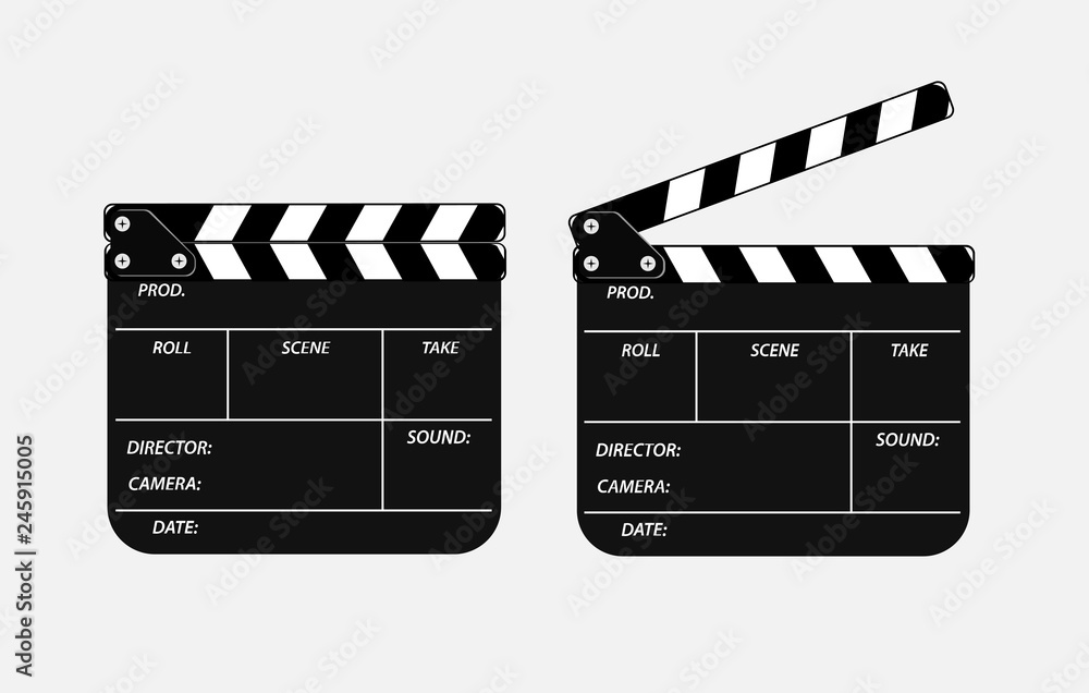 Two movie clappers open and close isolated on white background. 3d ...