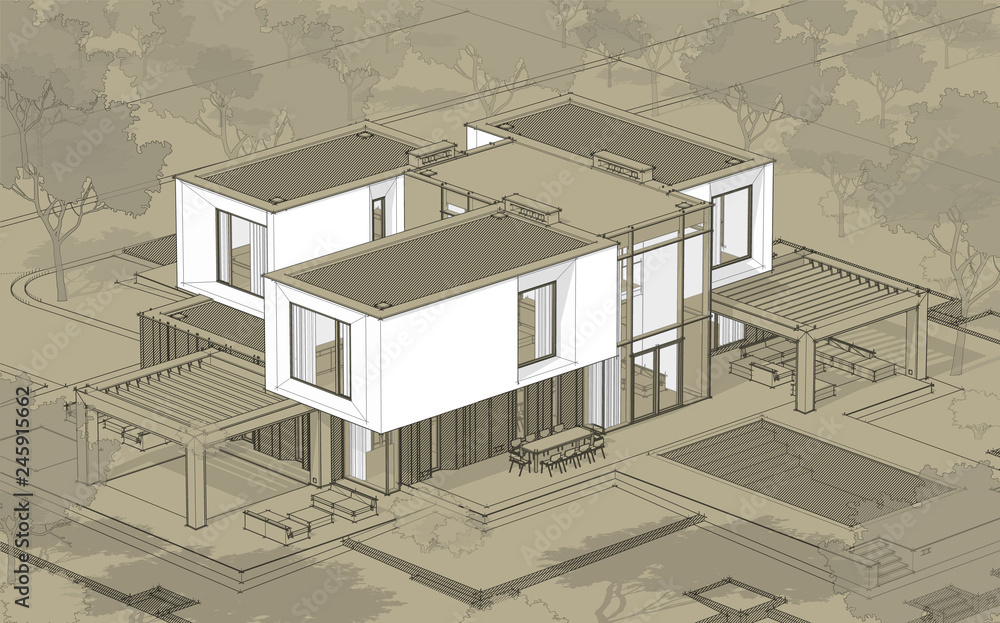 3d rendering sketch of modern cozy house in garden with garage for sale ...
