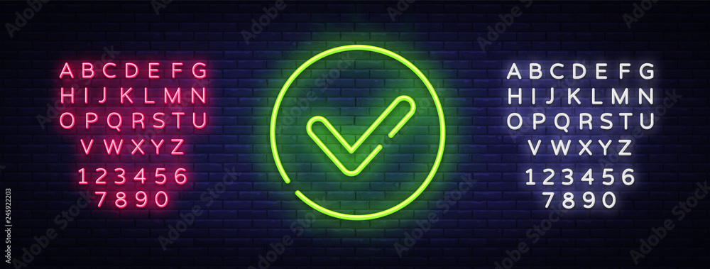 Green check mark Neon Sign Vector. Check list button neon signboard ...